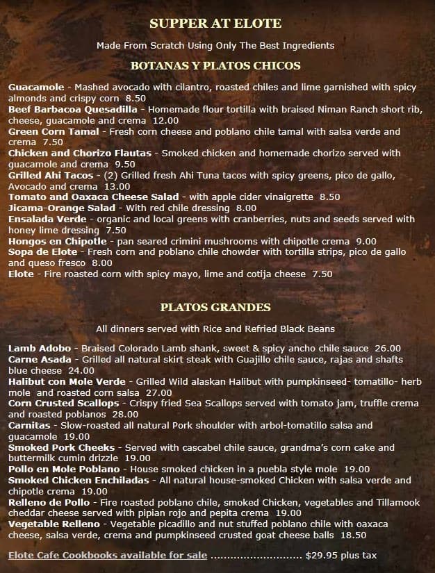 Menu at Elote Cafe, Sedona