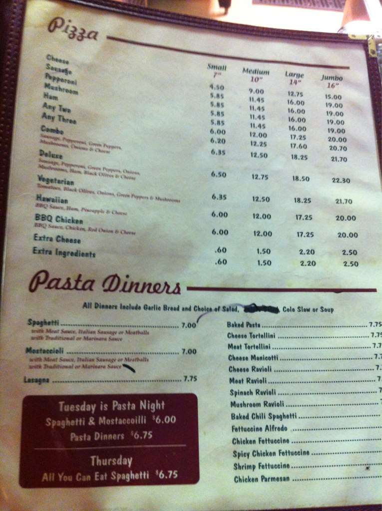 Menu at Scampy's Annex pizzeria, Anderson