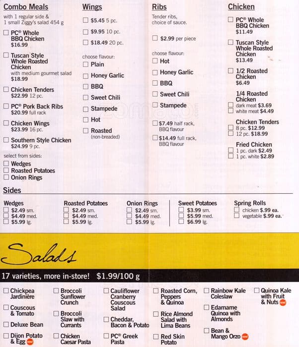 Menu at Pane Fresco at Fortinos pizzeria, Burlington, Appleby Line