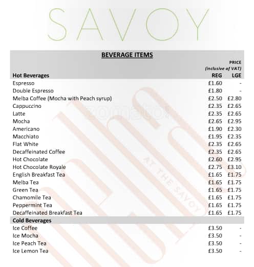 Menu at Melba at the Savoy cafe, London