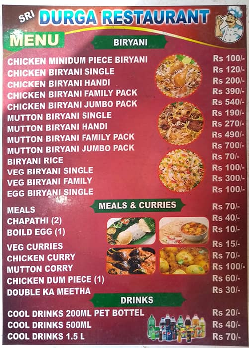 Menu of Durga Restaurant, Jeedimetla, Hyderabad