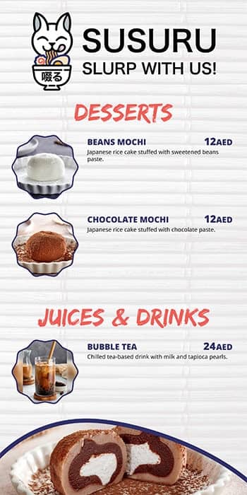 Menu at SUSURU Japanese Street Food restaurant, Dubai