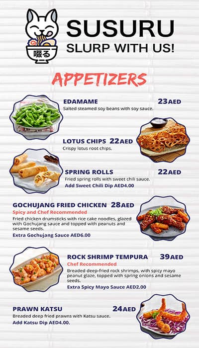 Menu at SUSURU Japanese Street Food restaurant, Dubai