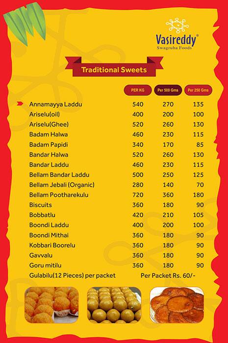 Menu of Vasireddy Swagruha Foods, Nagole, Hyderabad