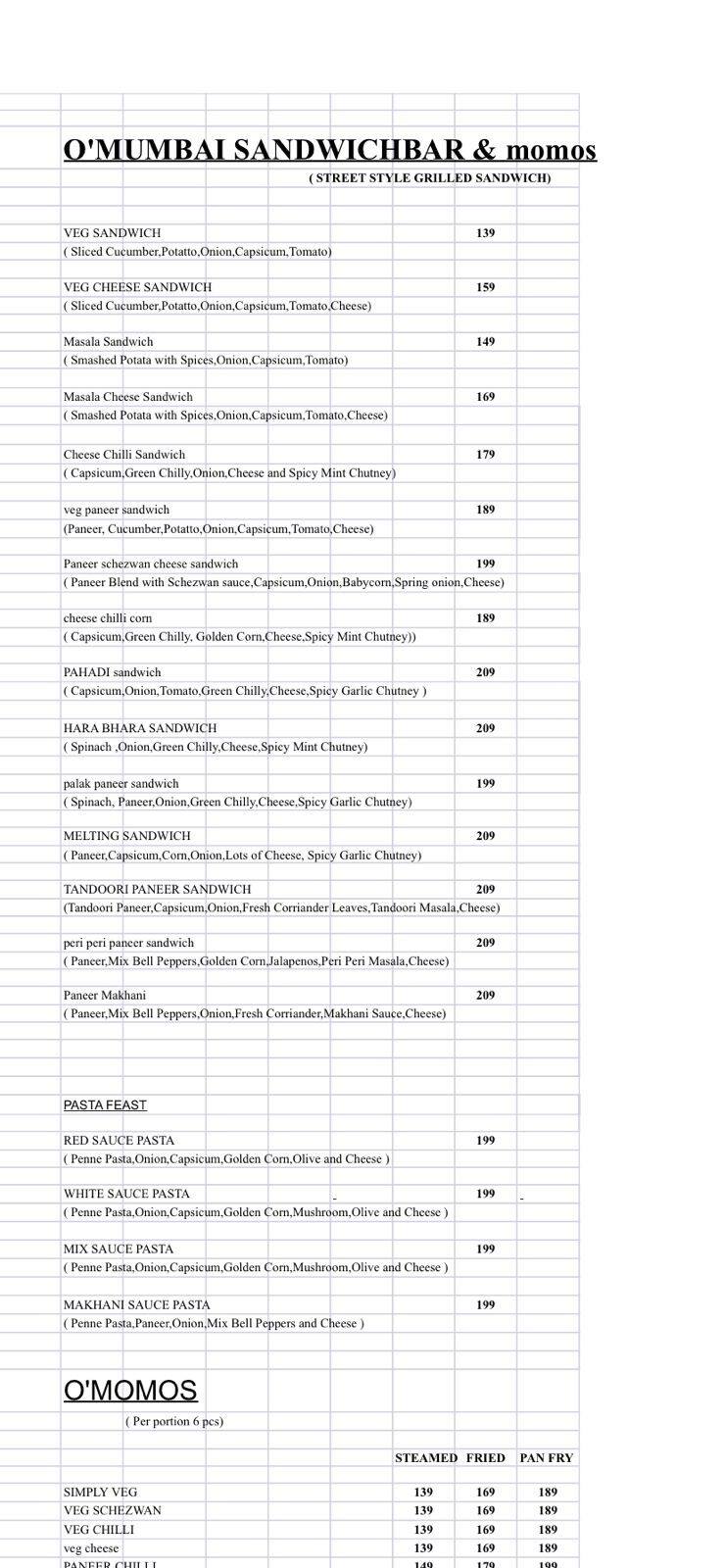 Menu of O'mumbai Sandwich Bar & Momos, Matunga East, Mumbai