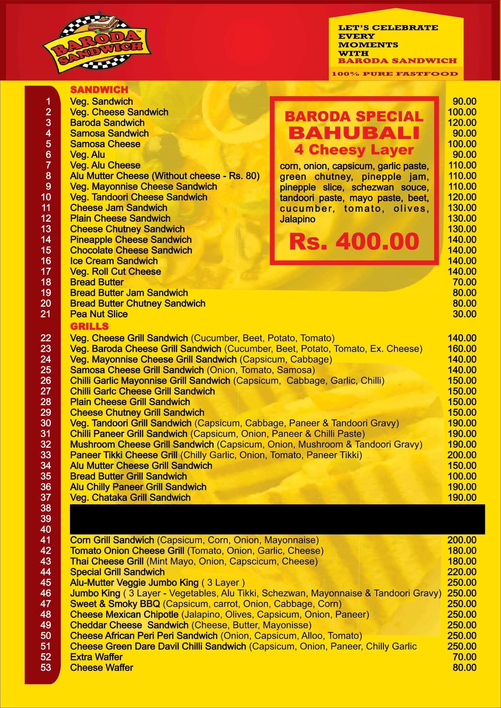 Menu of Baroda Sandwich, Airport Gandhinagar Highway, Gandhinagar