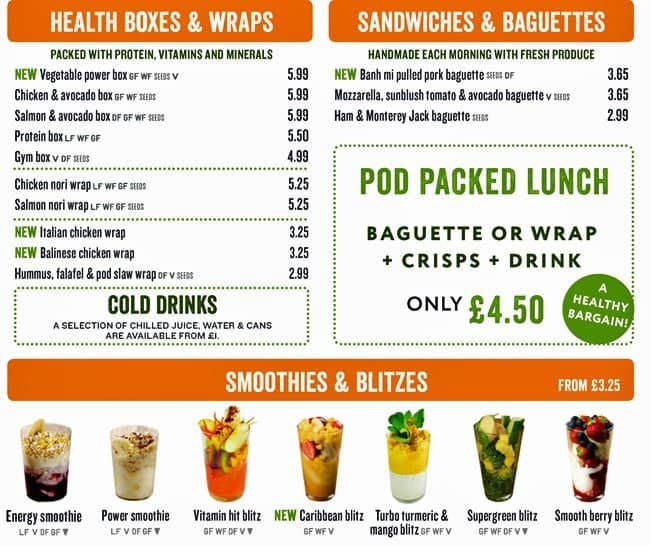 Menu at pod cafe, London, Unit 25