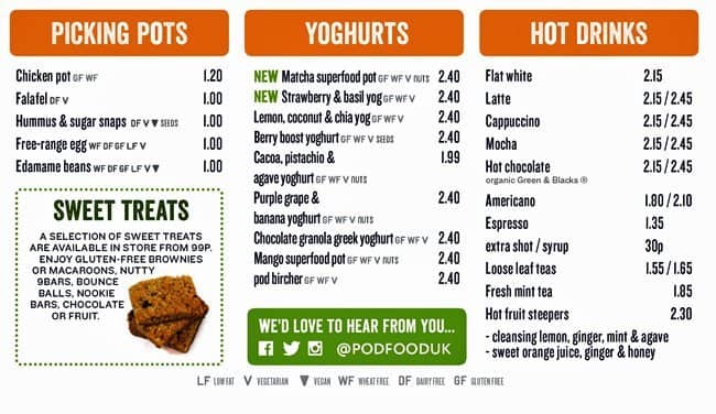 Menu at pod cafe, London, Unit 25