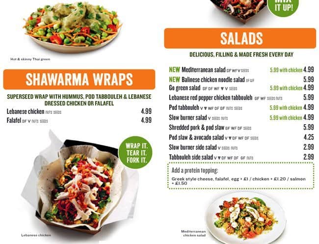 Menu at pod cafe, London, Unit 25