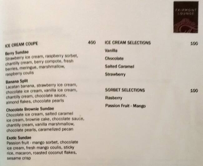 Menu at Fairmont Makati restaurant, Makati, 1 Raffles Drive