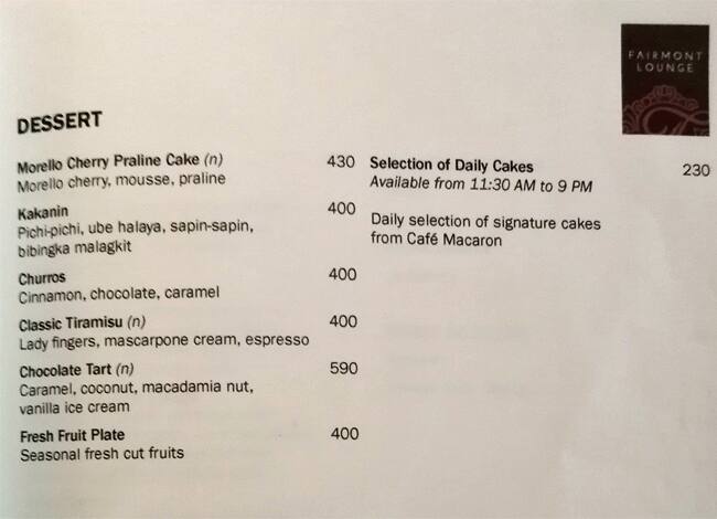 Menu at Fairmont Makati restaurant, Makati, 1 Raffles Drive