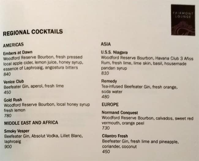 Menu at Fairmont Makati restaurant, Makati, 1 Raffles Drive
