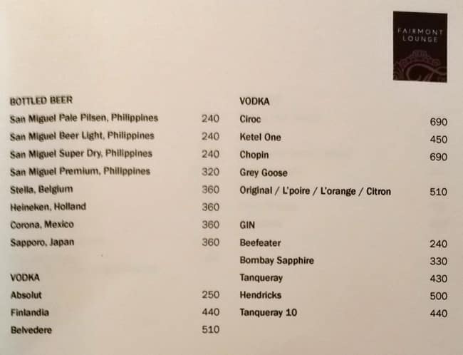 Menu at Fairmont Makati restaurant, Makati, 1 Raffles Drive