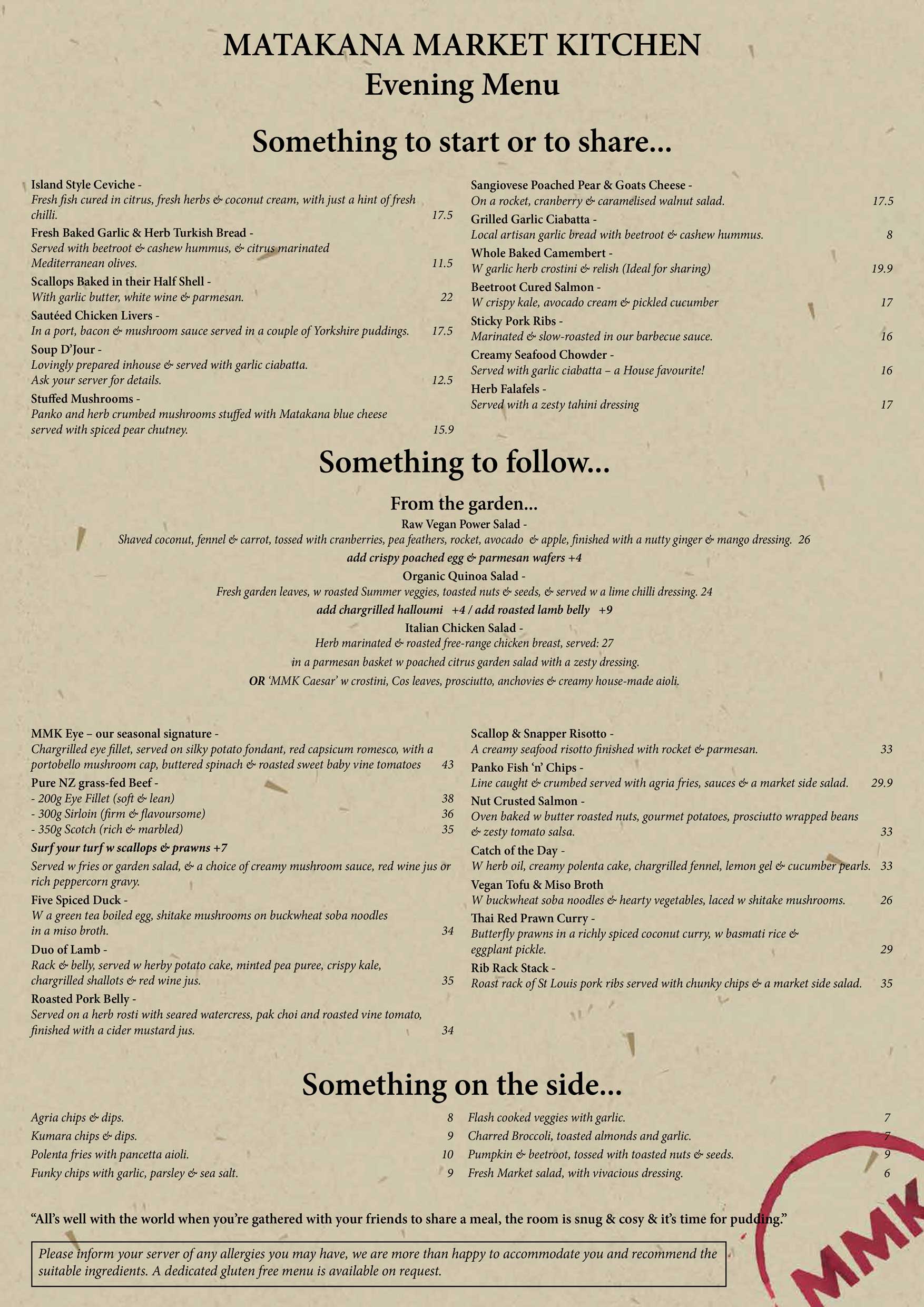 Menu at Matakana Market Kitchen restaurant, Matakana, 2 Matakana Valley Rd