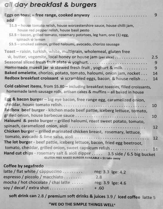 Menu at Redbox Canteen cafe, Woolloongabba