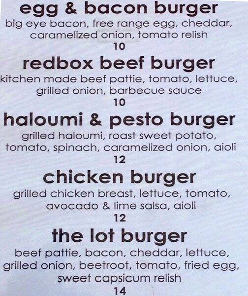 Menu at Redbox Canteen cafe, Woolloongabba