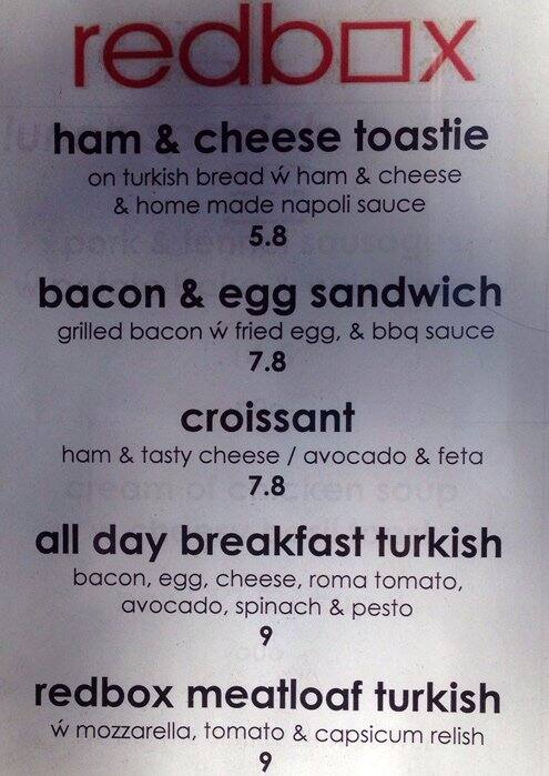 Menu at Redbox Canteen cafe, Woolloongabba