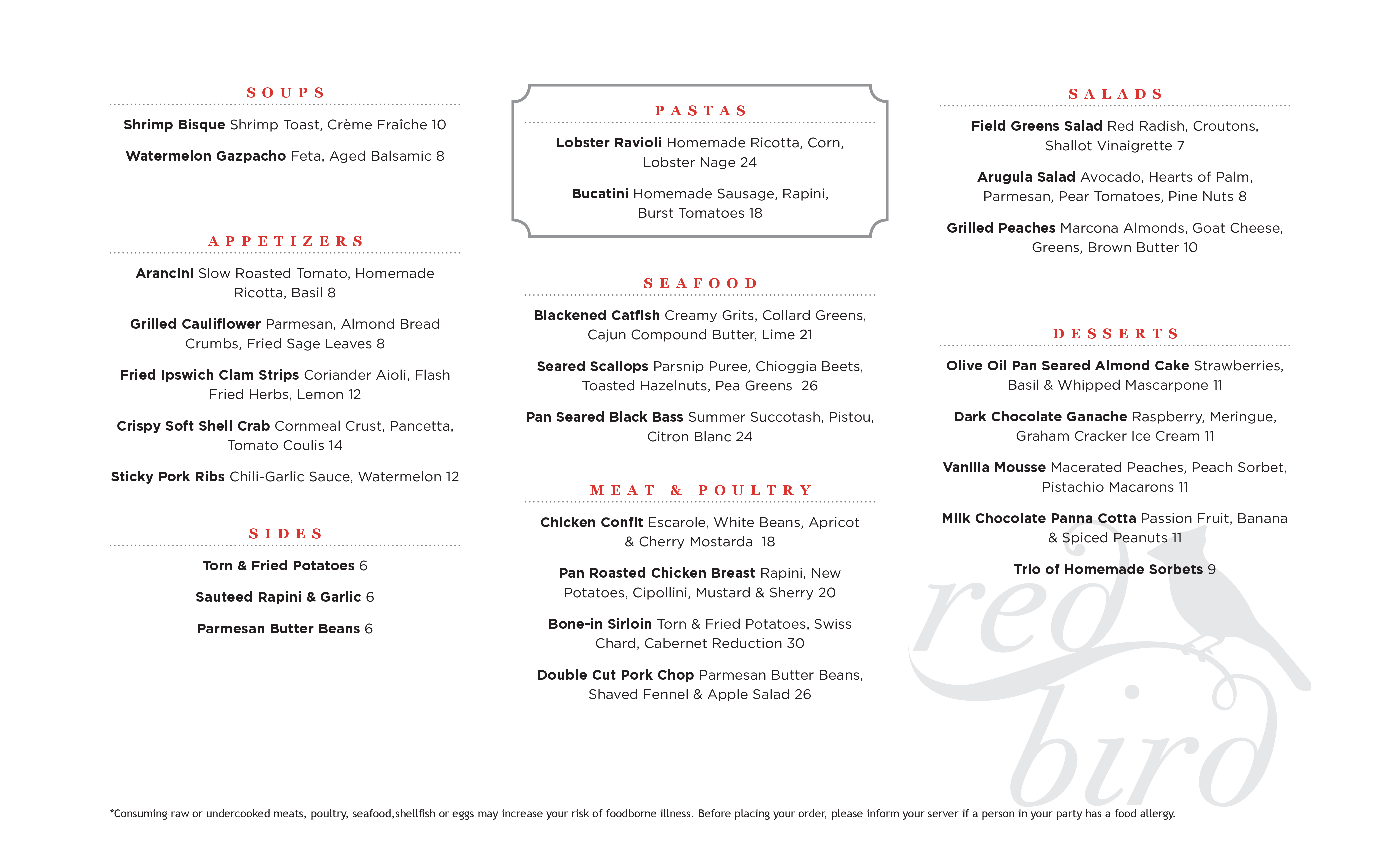 Menu at Red Bird cafe, Waltham