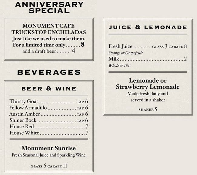 Menu at Monument Cafe, Georgetown, 500 S Austin Ave