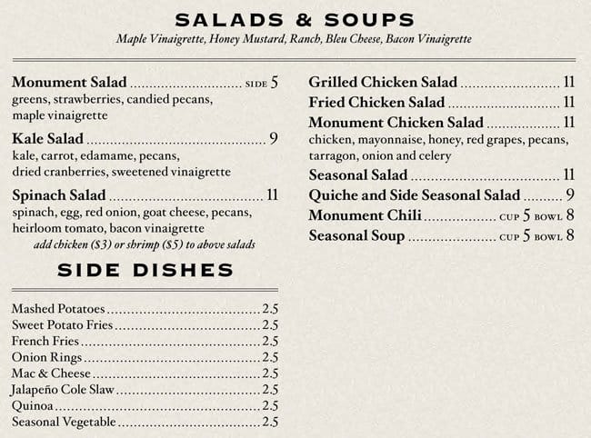 Menu at Monument Cafe, Georgetown, 500 S Austin Ave