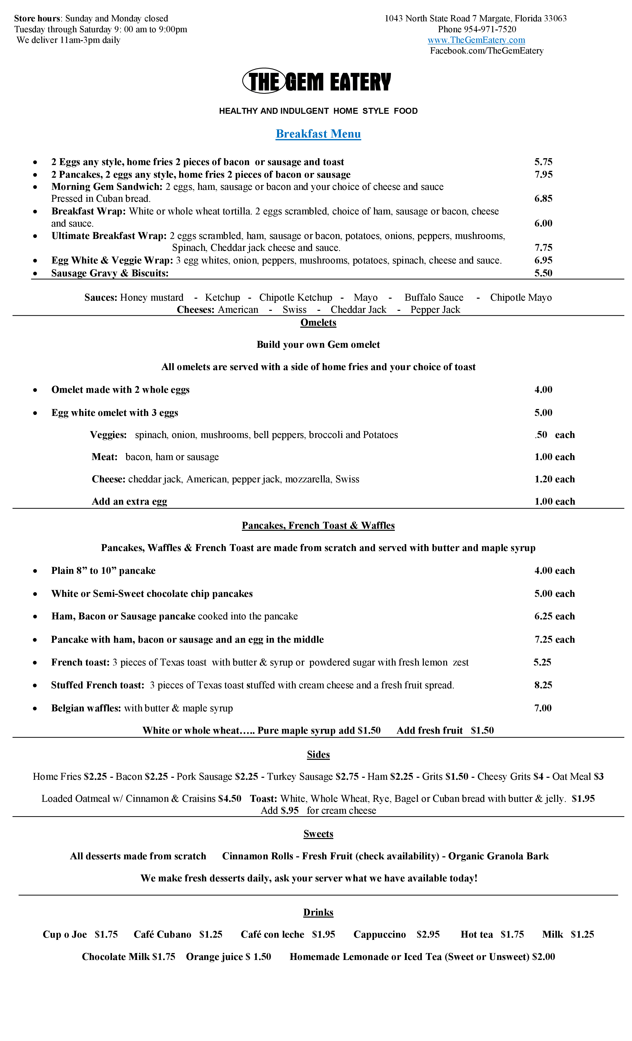 Menu at The Gem Eatery restaurant, Margate