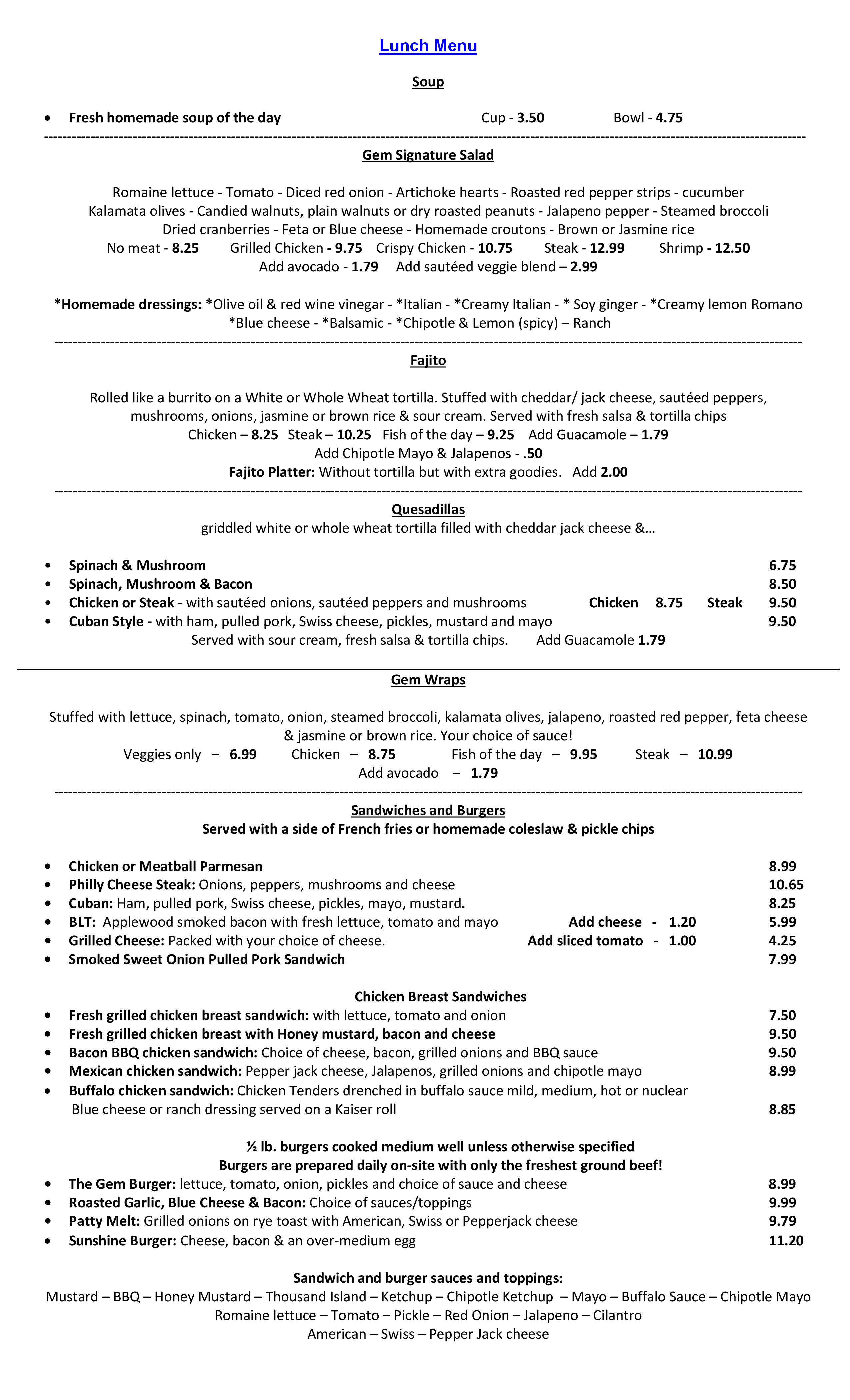 Menu at The Gem Eatery restaurant, Margate