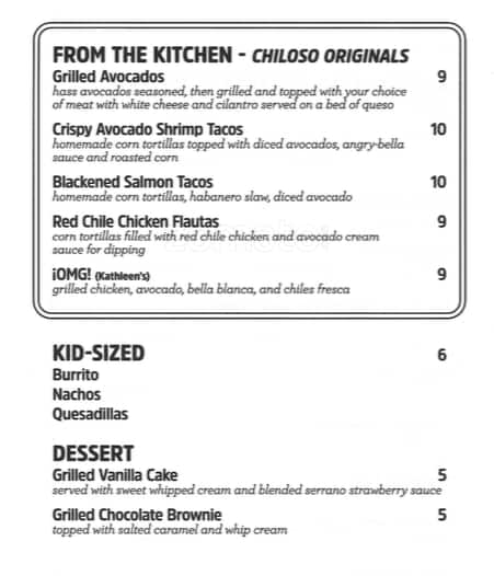 Menu at Chiloso Mexican Bistro restaurant, Richardson