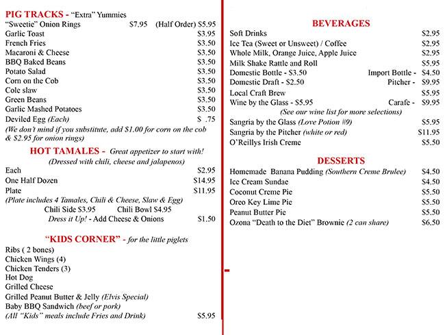 Menu at The Ozona Pig BBQ, Palm Harbor