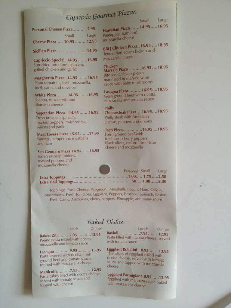 Menu at Capriccio restaurant, Myrtle Beach