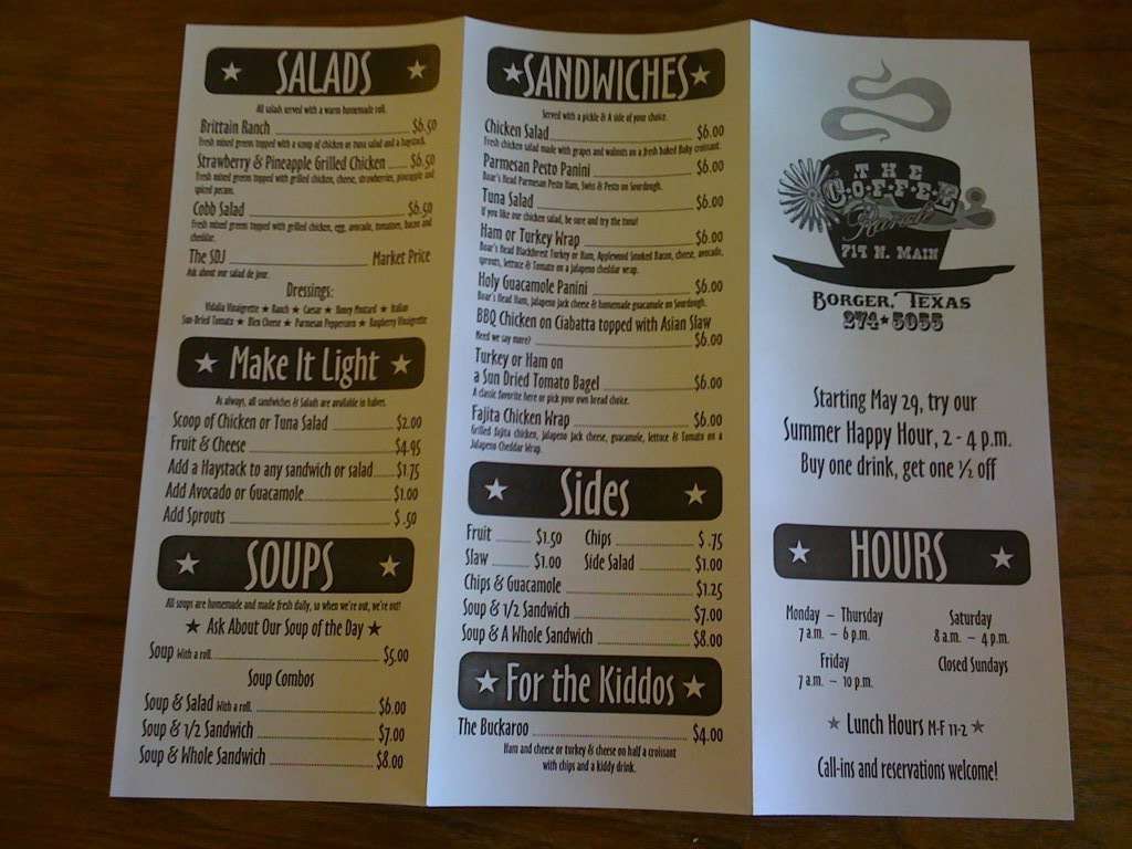 Menu at Coffee Ranch cafe, Borger