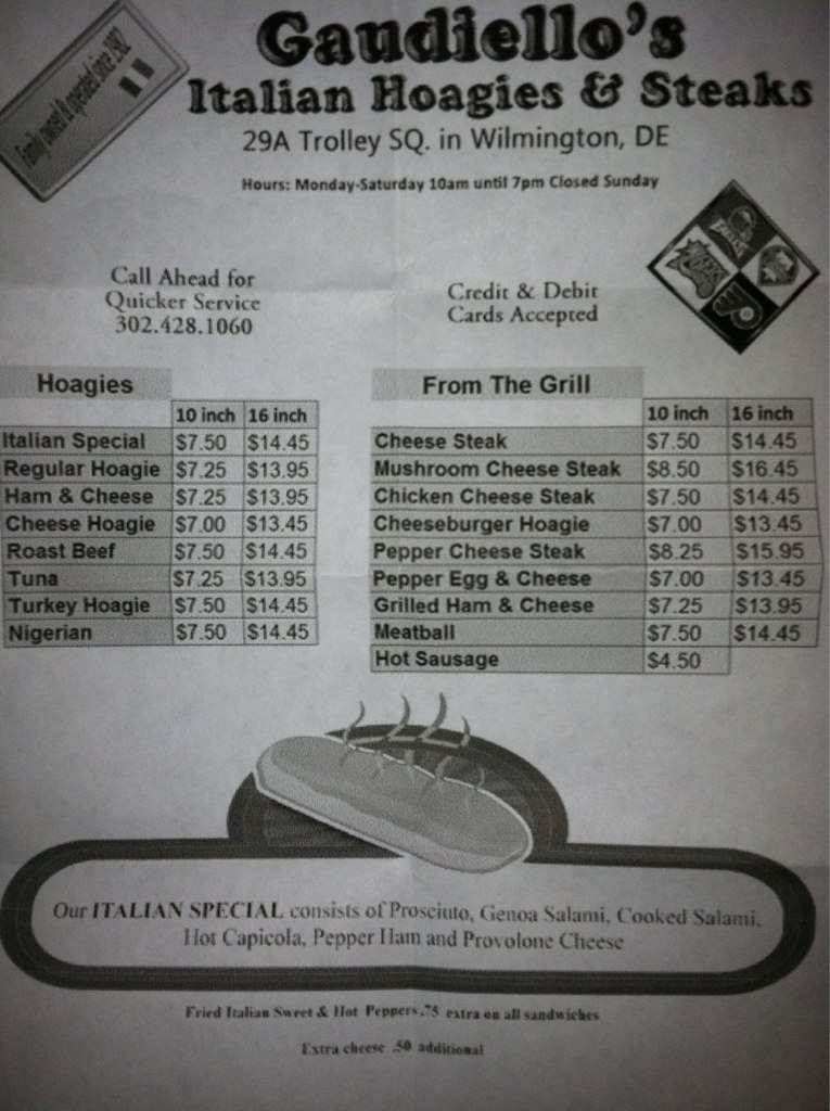 Gaudiello's Italian Hoagies Menu - Urbanspoon/Zomato