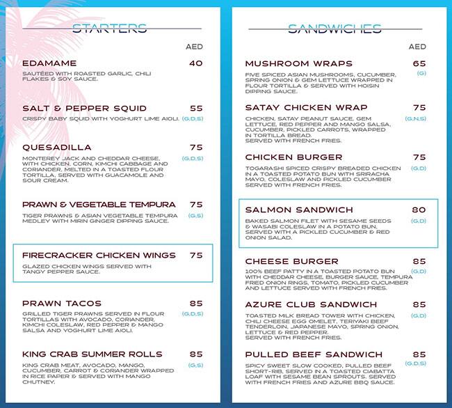 Menu at Azure Beach pub & bar, Dubai