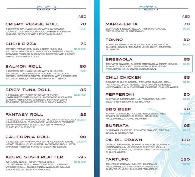 Menu at Azure Beach pub & bar, Dubai