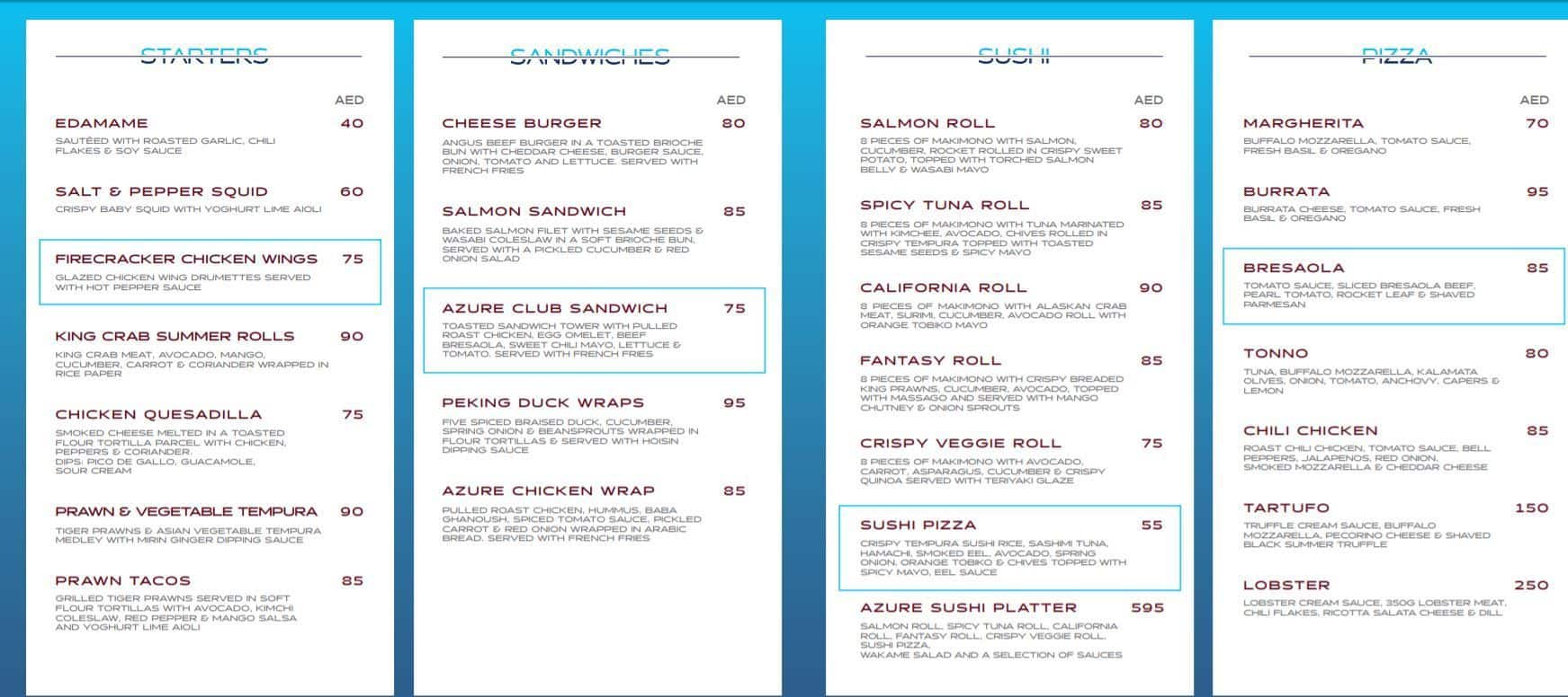 Azure Beach - Rixos Premium Dubai Menu - Zomato