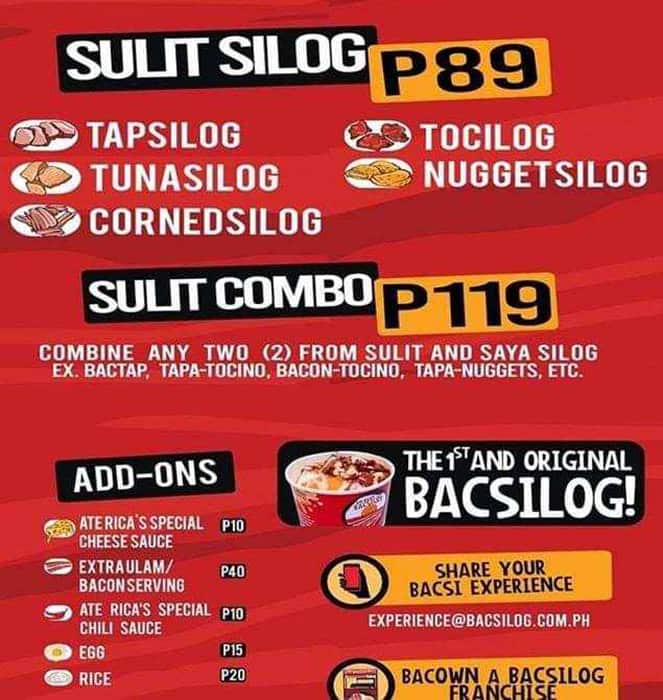 Menu at Ate Rica's Bacsilog Intramuros restaurant, Manila, Stall 8 ...