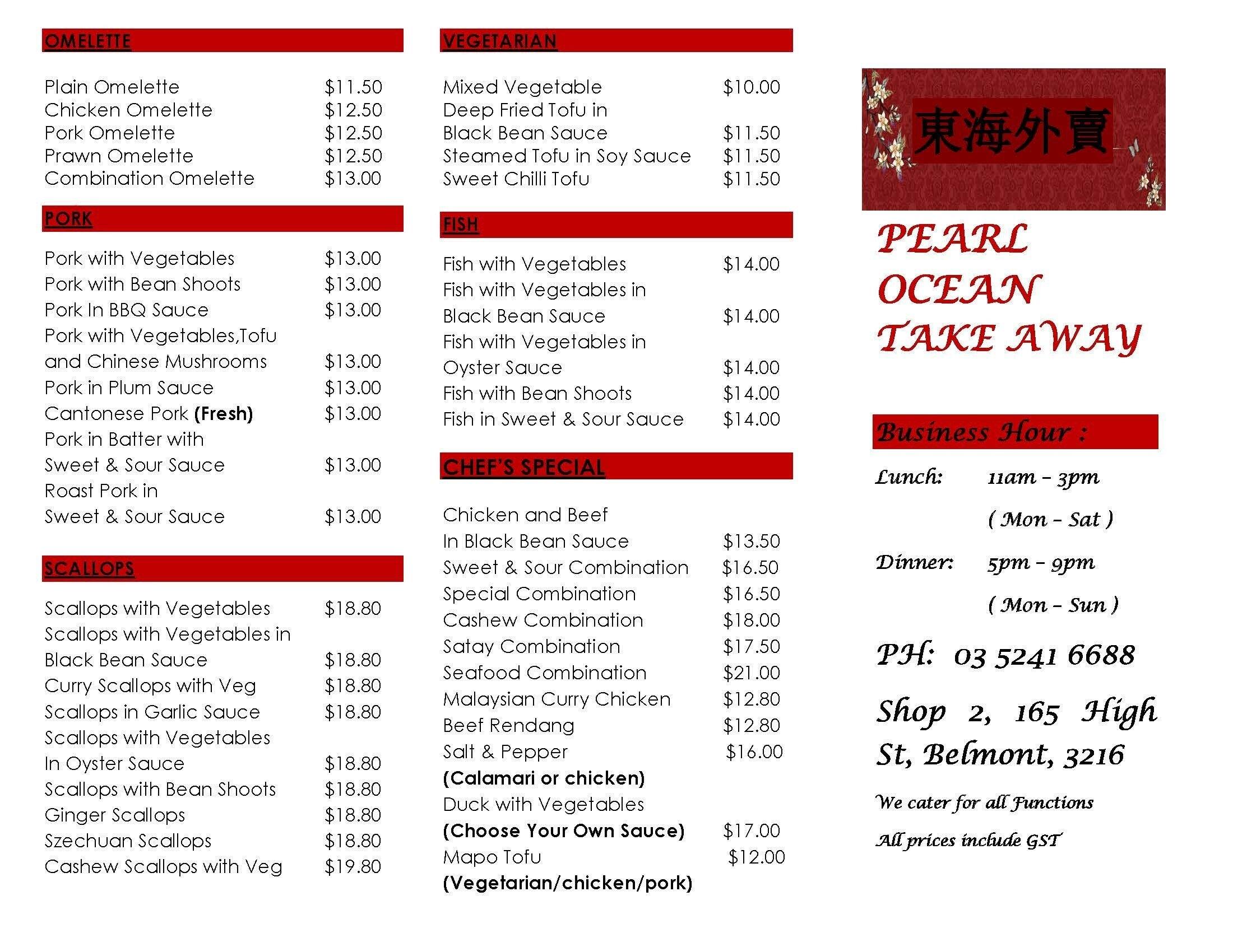 Menu at Pearl Ocean Chinese Takeaway fast food, Belmont