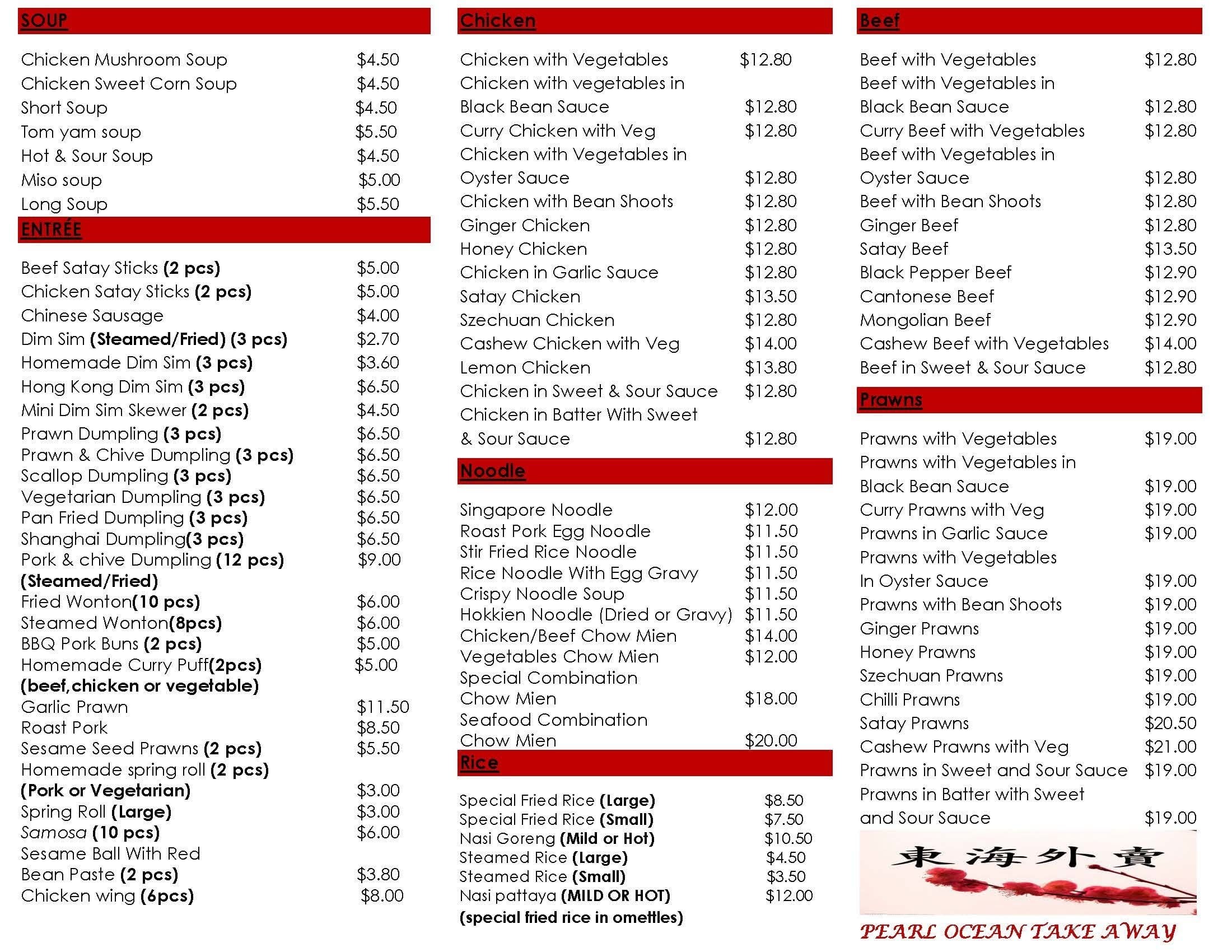 Menu at Pearl Ocean Chinese Takeaway fast food, Belmont