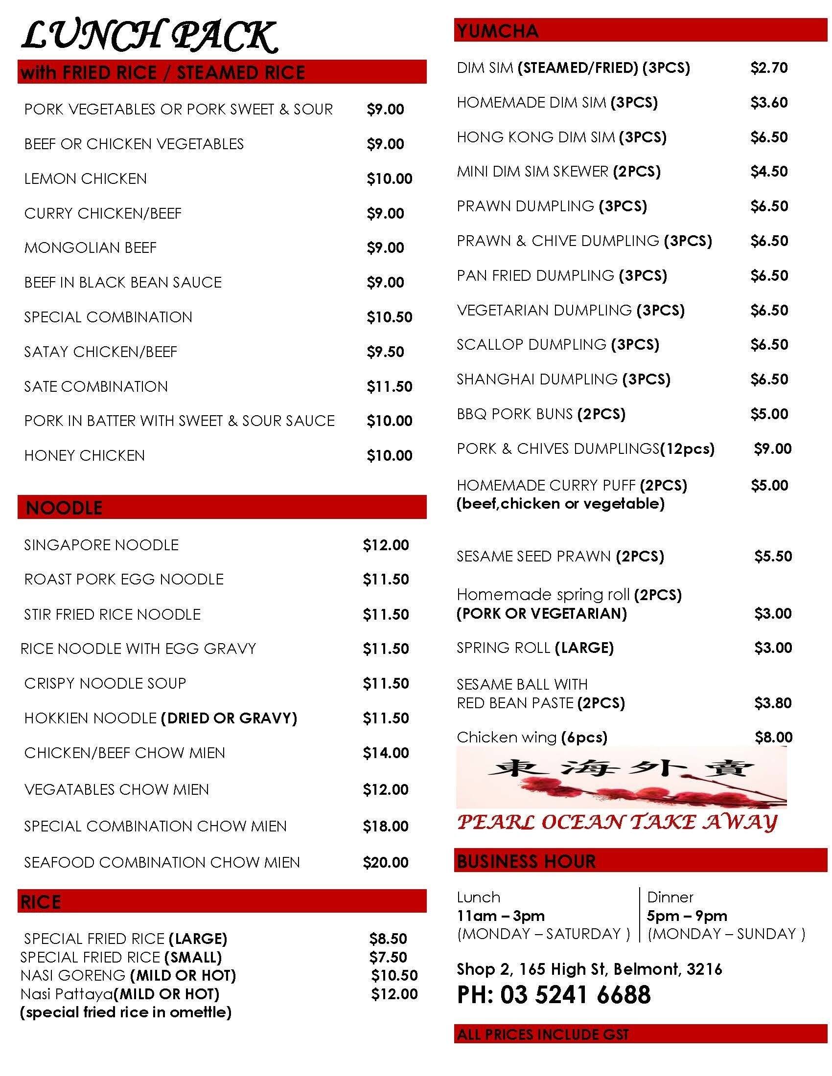 Menu at Pearl Ocean Chinese Takeaway fast food, Belmont