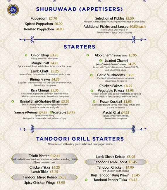 Menu at Takdir restaurant, Whitley Bay