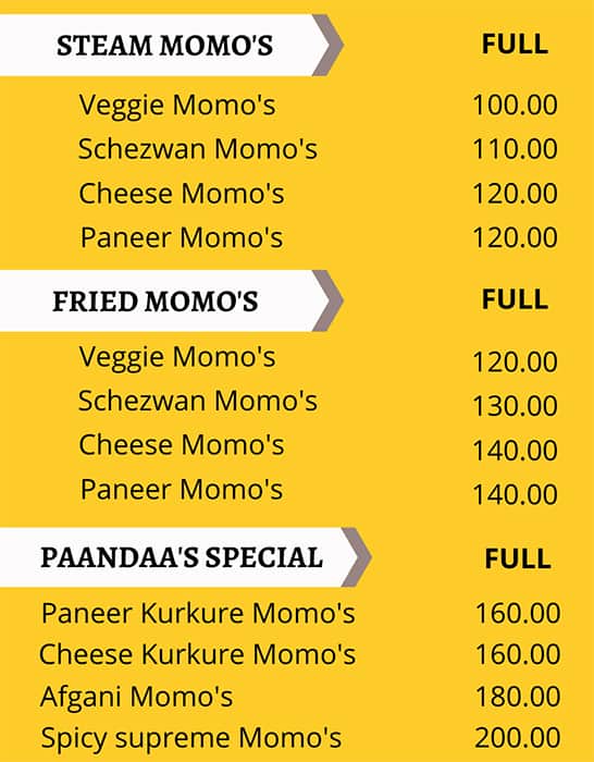 Menu at The Paandaa momo's, Mumbai