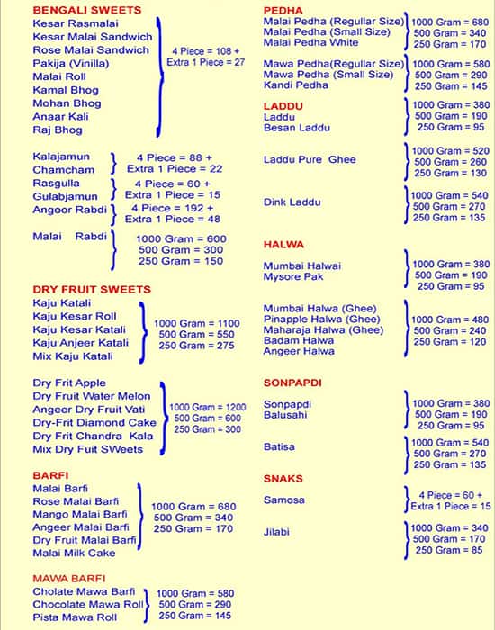 Menu of Sandesh Sweets Tradition, Matunga West, Mumbai