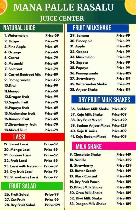 Menu of Mana Palle Bojanam, Kukatpally, Hyderabad