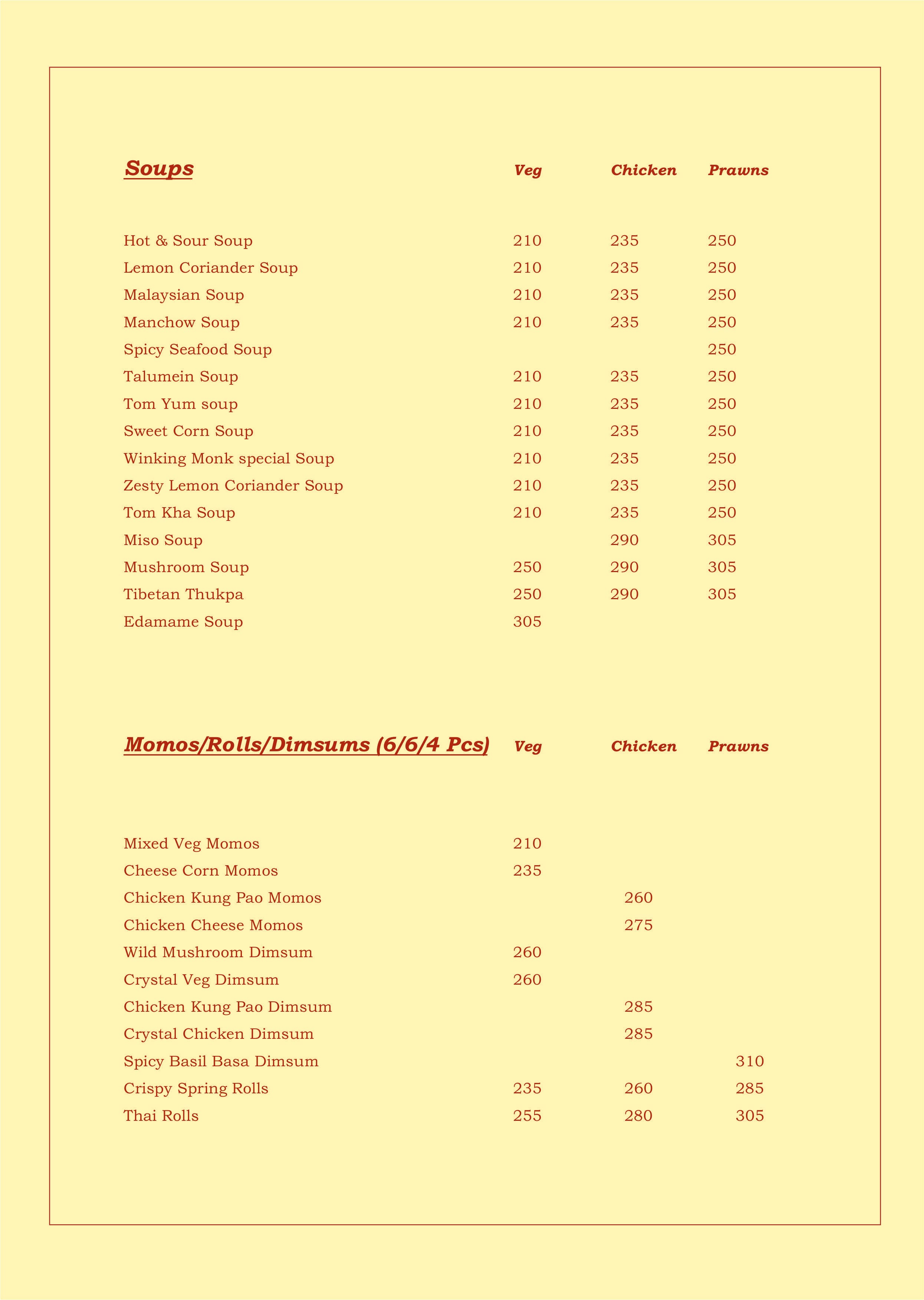 Menu of Winking Monk Asian Cuisine, Mira Road, Mumbai
