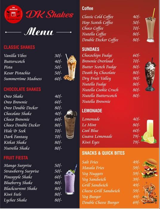 Menu of DK Shakes, Dilsukhnagar, Hyderabad