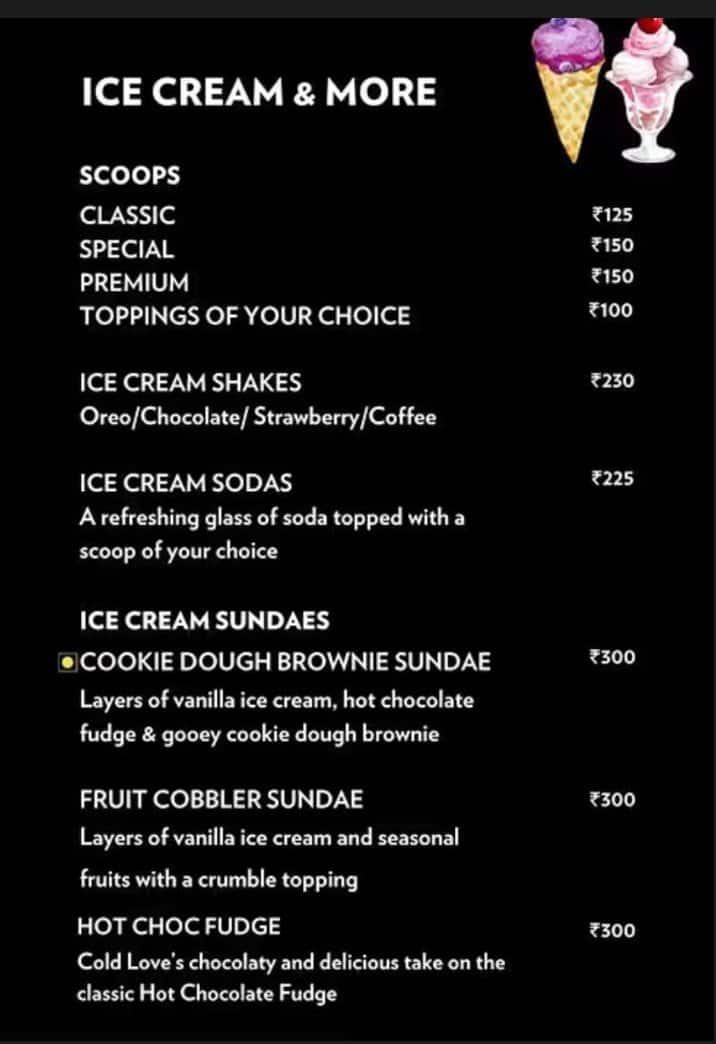 Menu of Cold Love Dessert Cafe, Satyaniketan, New Delhi
