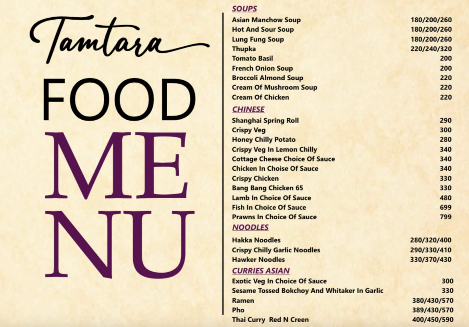 Menu of Tamtara, Rajpur, Dehradun