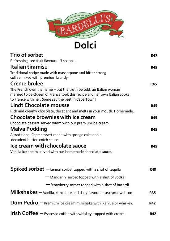 Menu at Bardelli's Restaurant, Cape Town, 18 Kloof St