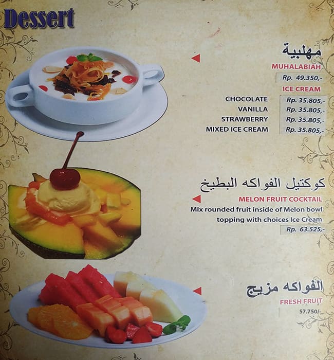 Menu at Al Jazeerah Restaurant, Jakarta