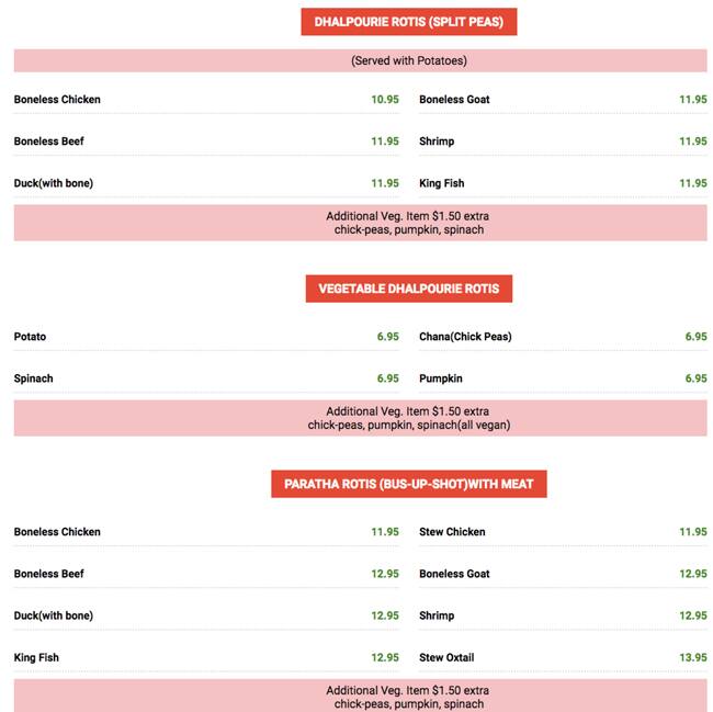 Menu at Ali's West Indian Roti Shop restaurant, Toronto