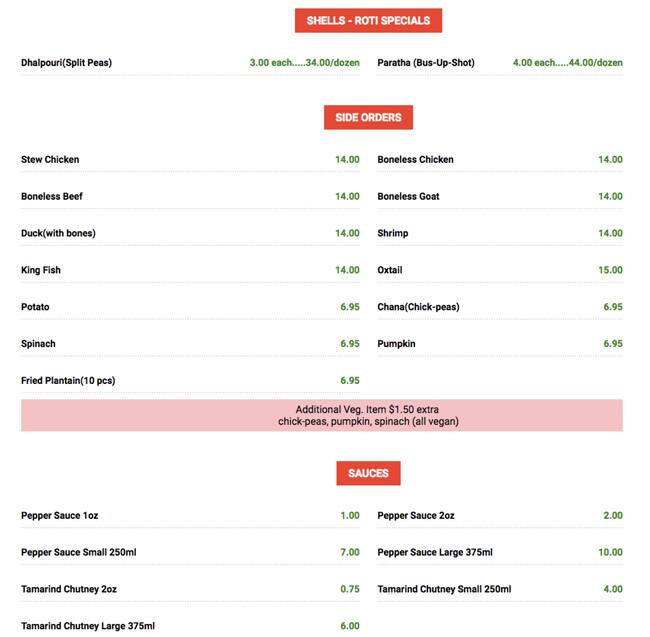 Menu at Ali's West Indian Roti Shop restaurant, Toronto